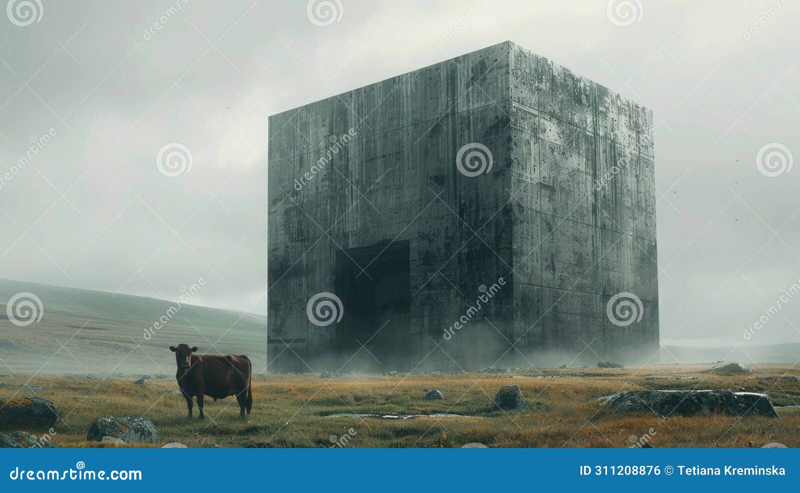 Cows Look at a Large Gray Cube in a Field. Data Center Futuristic Cube ...