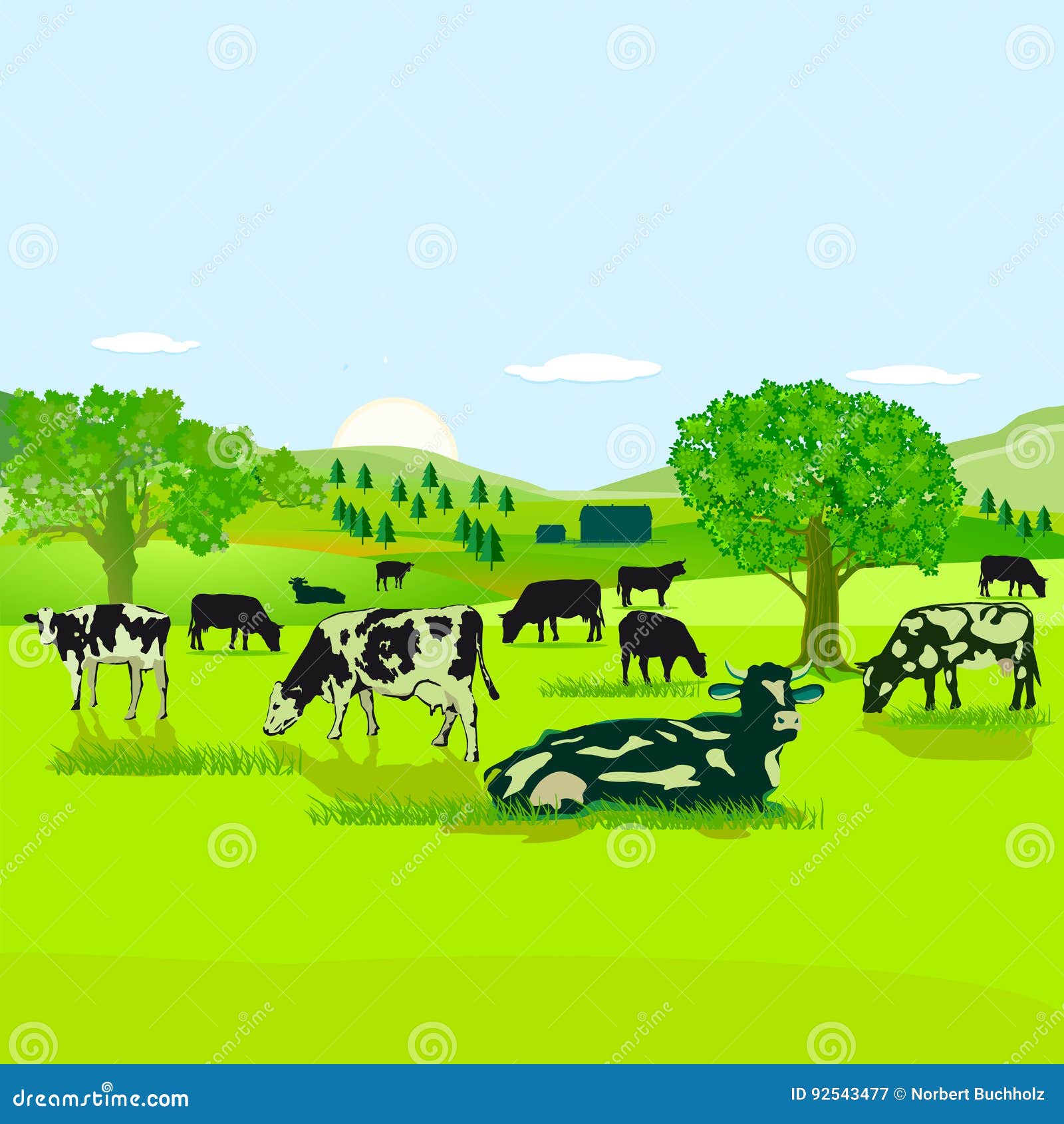 Cows on pasture stock vector. Illustration of pastures - 92543477