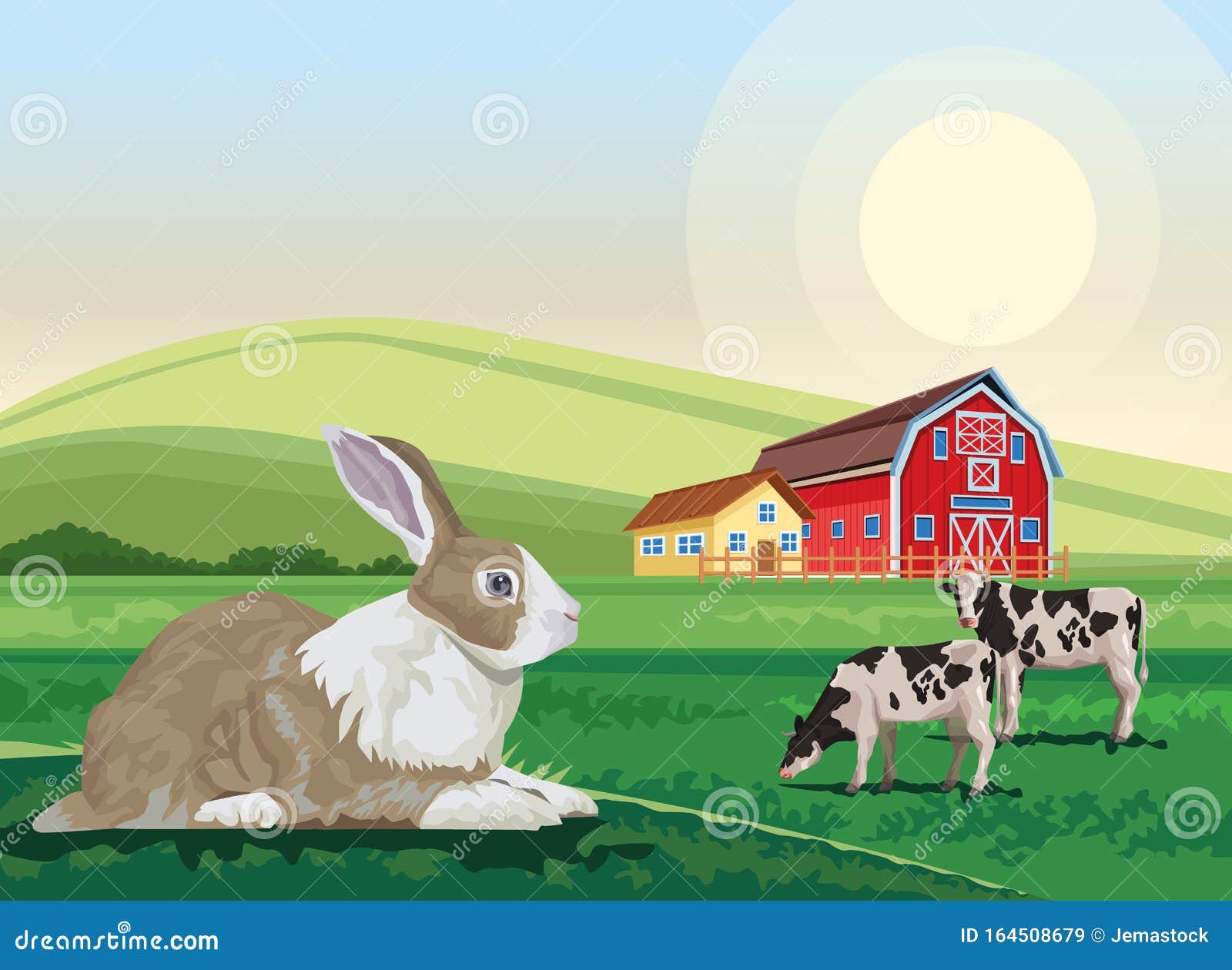 Cows and Rabbit in the Landscape Scene Stock Vector - Illustration of ...