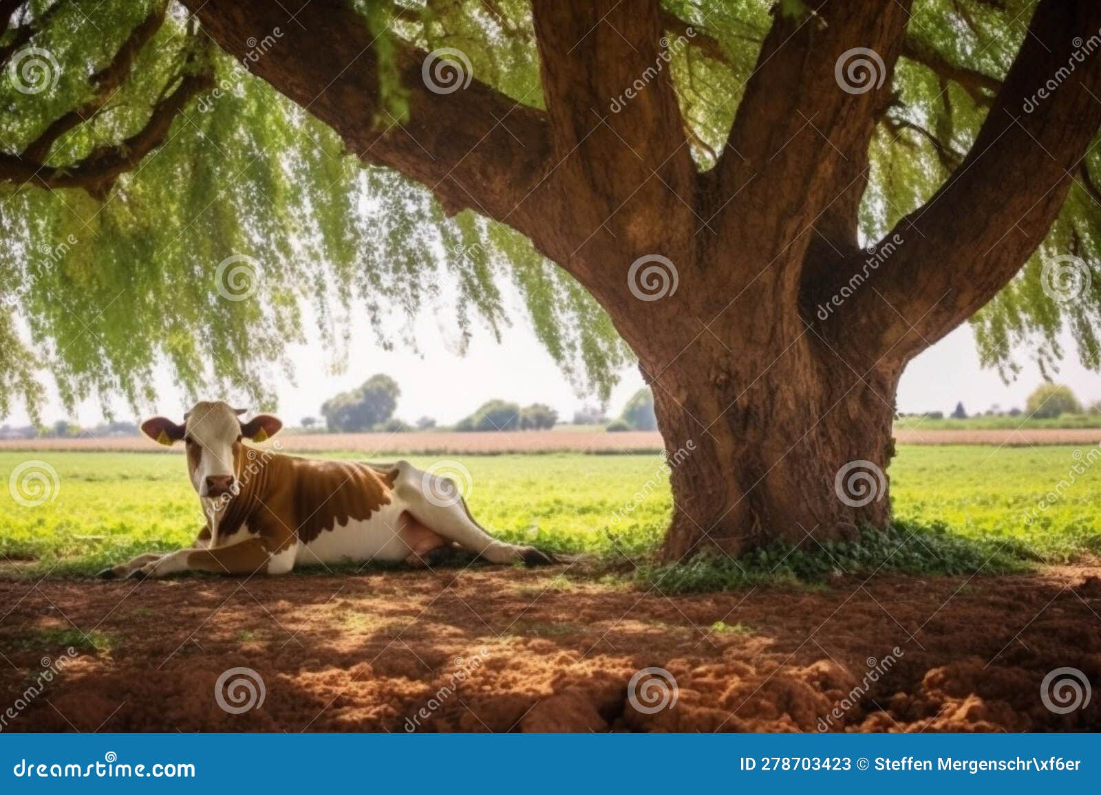 Cows Resting Under Tree Amidst Lush Crops Stock Illustration ...