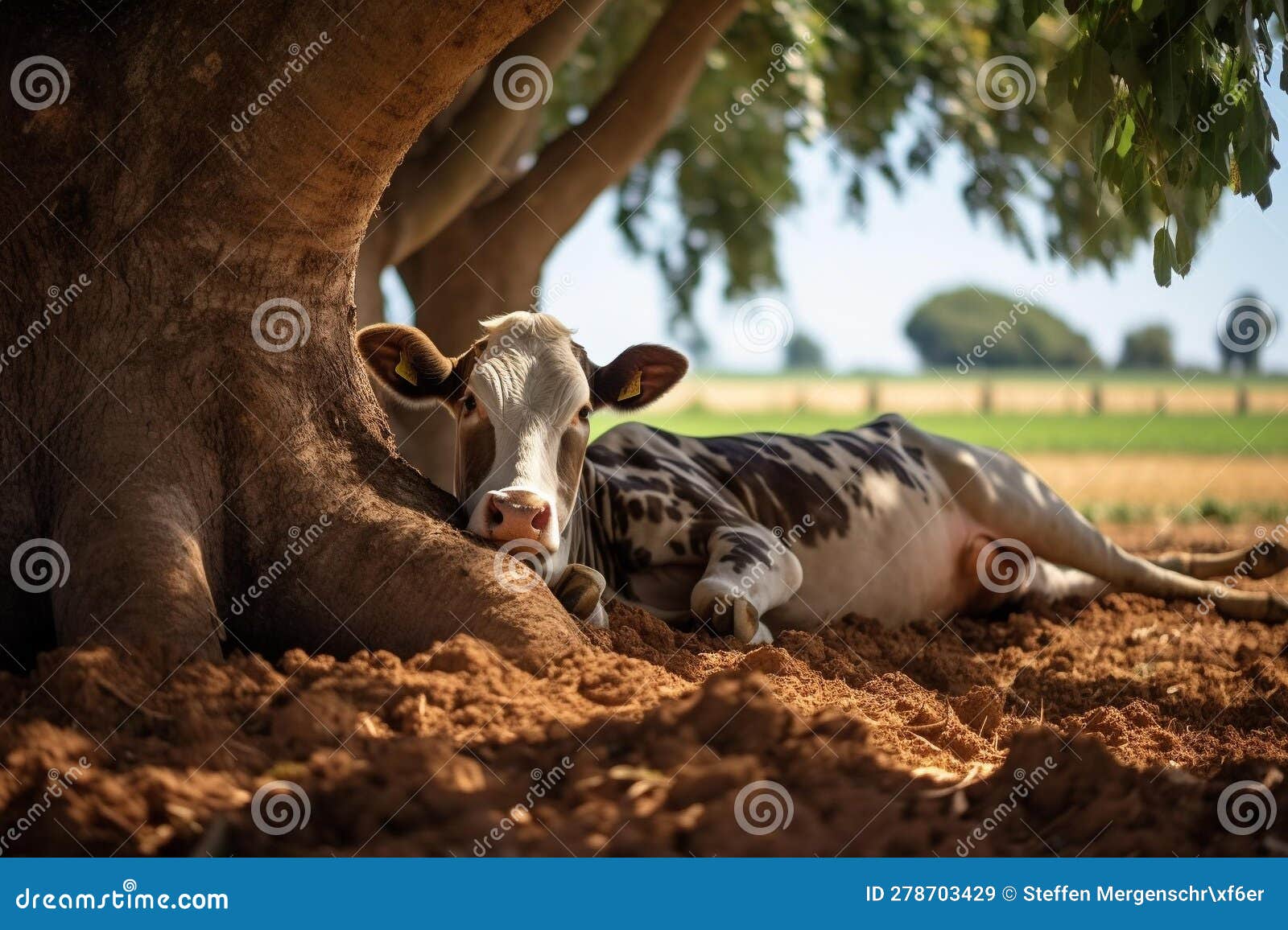Cows Resting Under Tree Amidst Lush Crops Stock Illustration ...