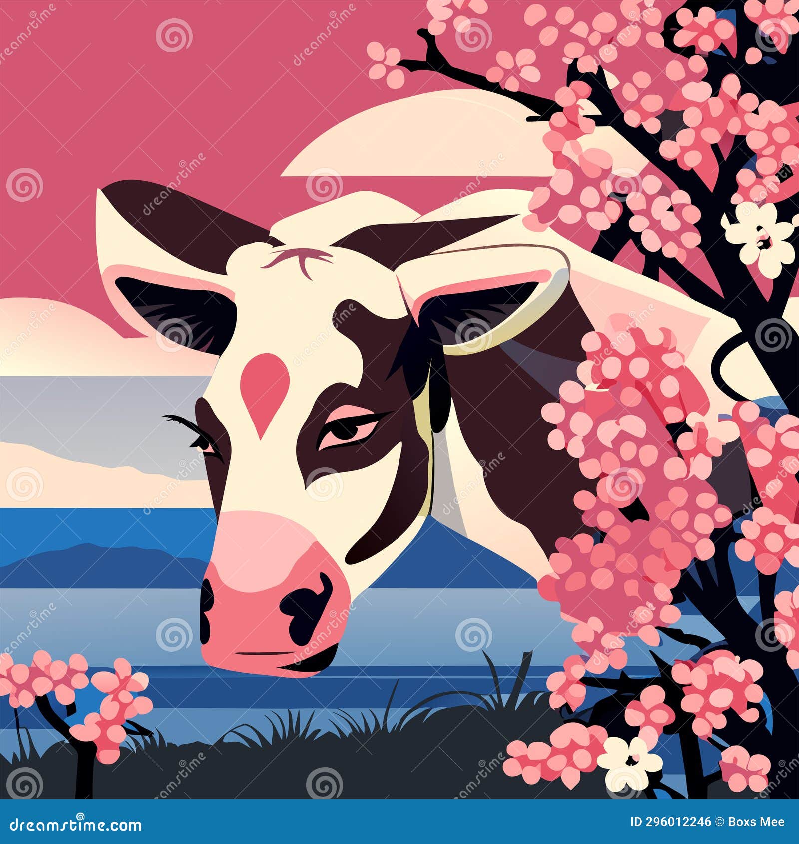 Cows and Sakura Blooming in Spring, Vector Illustration. Generative AI ...