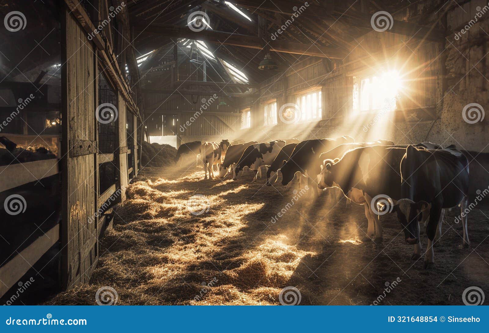 Cows In A Stable At A Farm Eating Hay In A Cowshed. Concept Farm Life ...