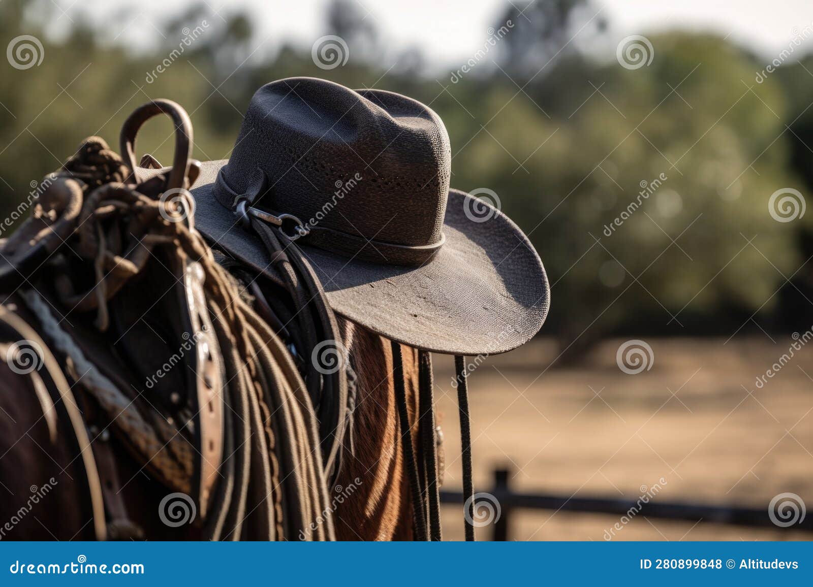 Cowwboy Hat and Rope Hanging from Saddle of Galloping Cowboy Stock ...