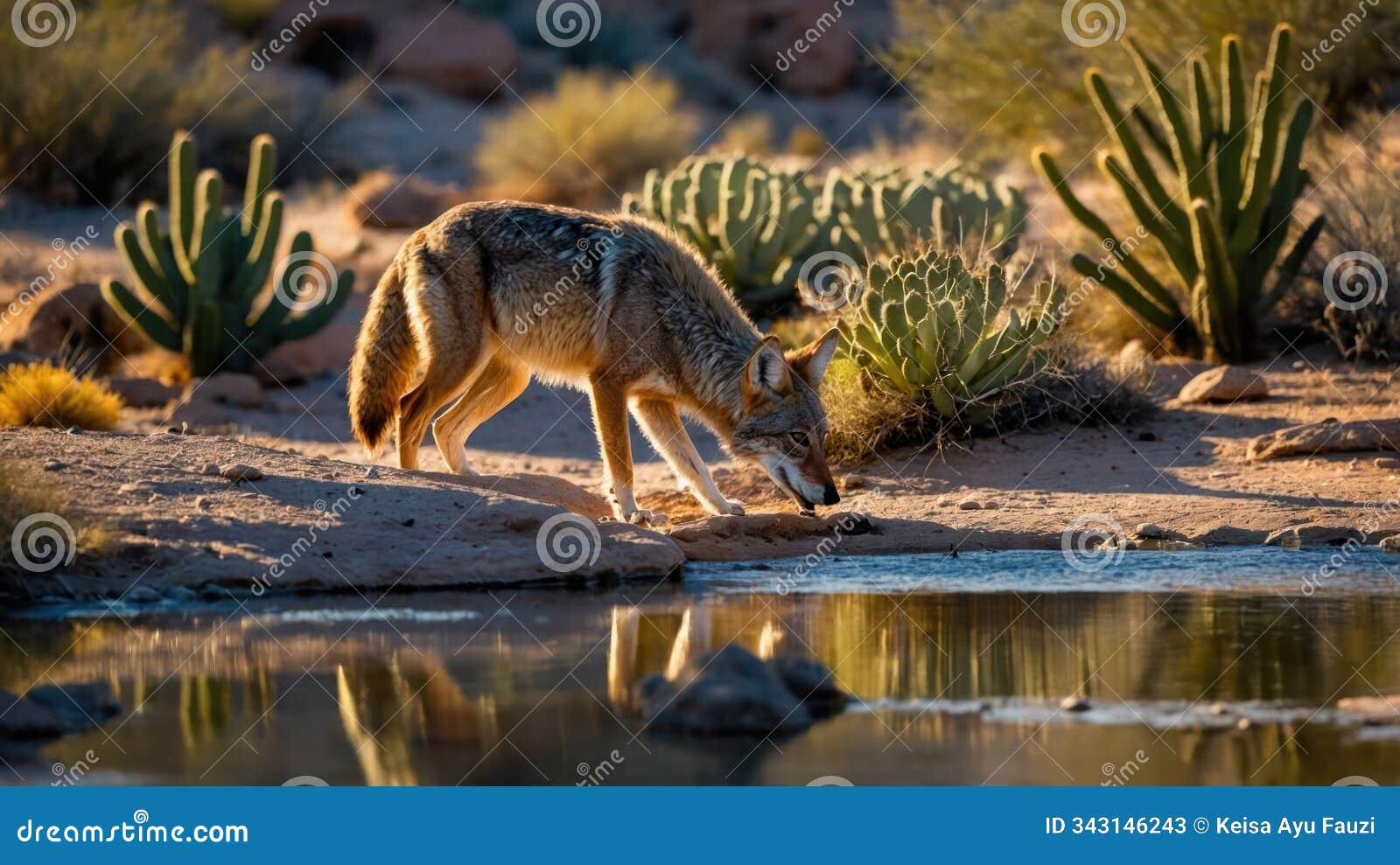 A Coyote Drinking from a Tranquil Water Source in a Desert Landscape ...