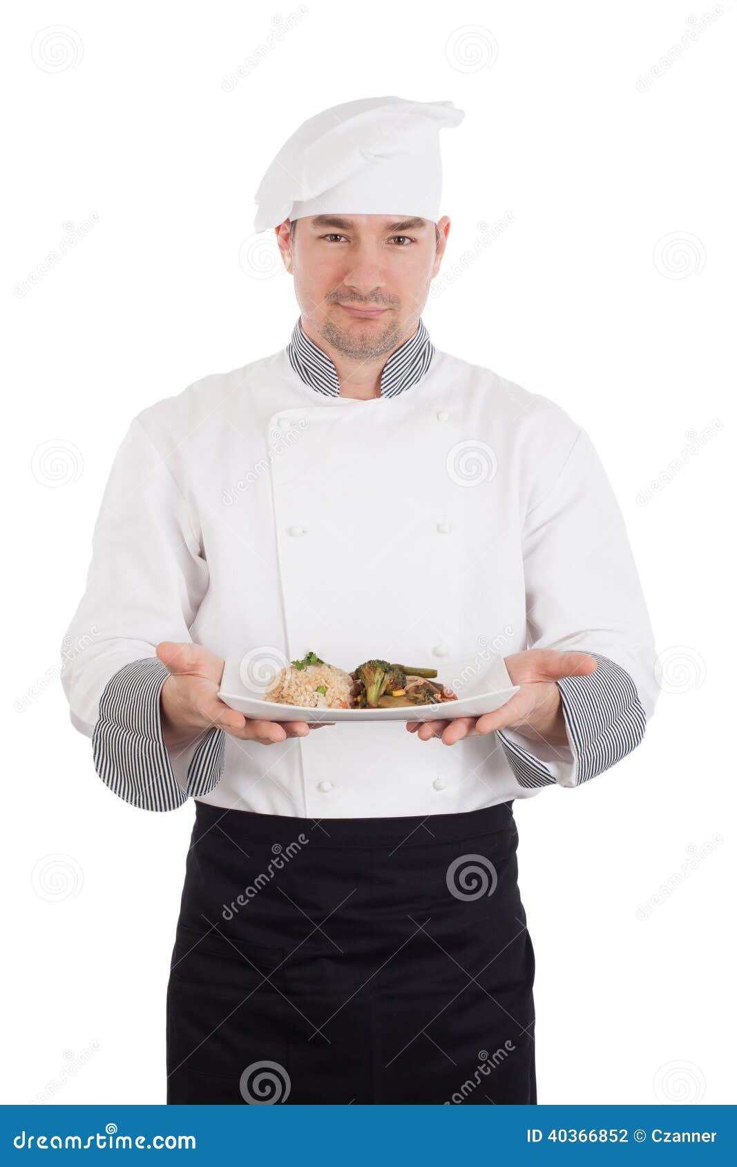 Cozinheiro Chefe Que Mostra E Que Guarda Uma Placa Do Alimento ...