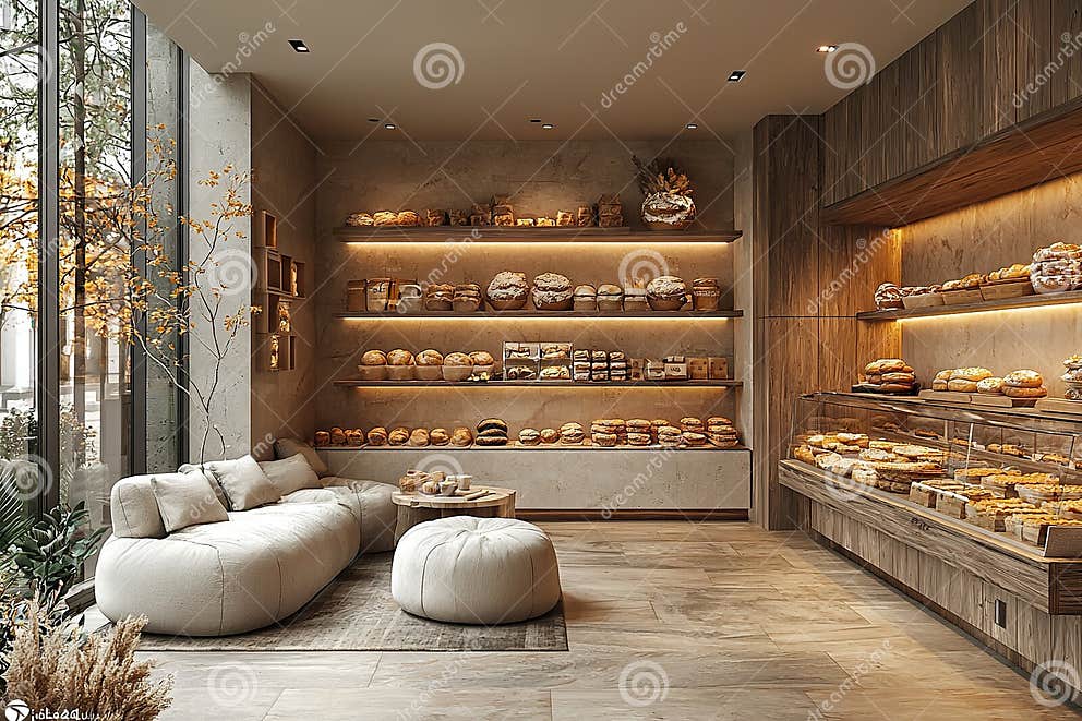 Cozy Artisan Bakery Interior with Soft Lighting and Inviting Seating ...