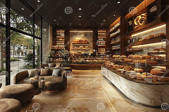 Cozy Artisan Bakery Interior with Soft Lighting and Inviting Seating ...