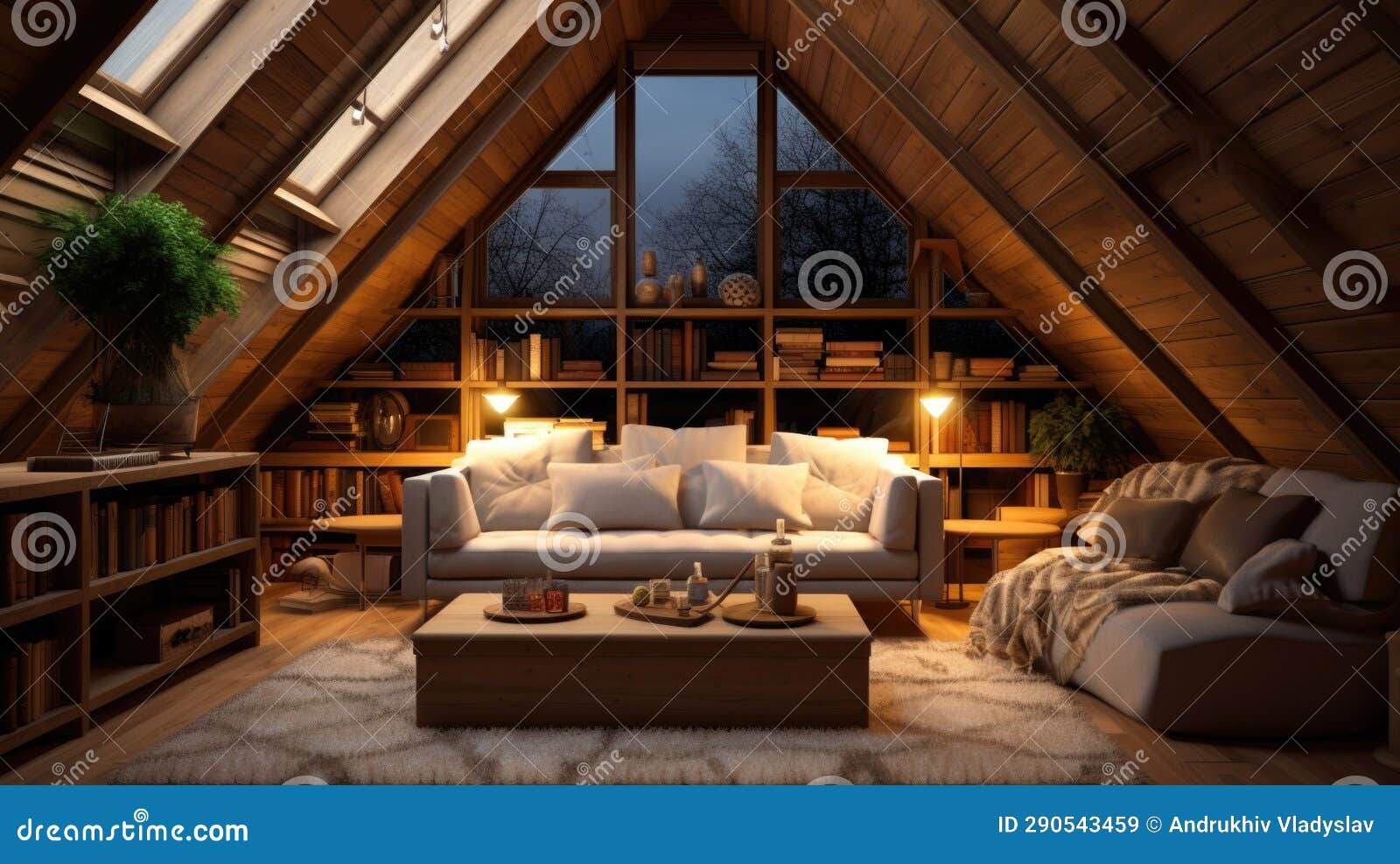 Cozy Attic with Wooden Lining Wall. Interior Design Stock Illustration ...