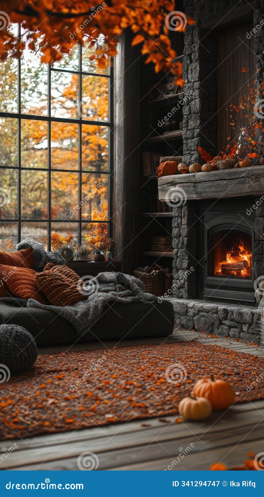 Cozy Autumn Cabin Interior with Fireplace and Window View Illustration ...