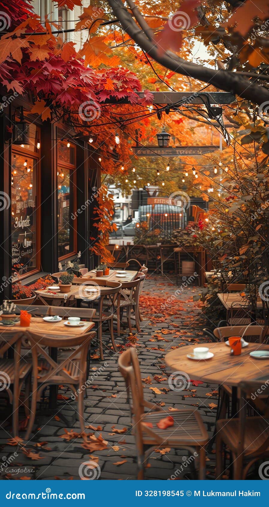 Cozy Autumn Cafe. Outdoor Seating Adorned with Fall Foliage and String ...
