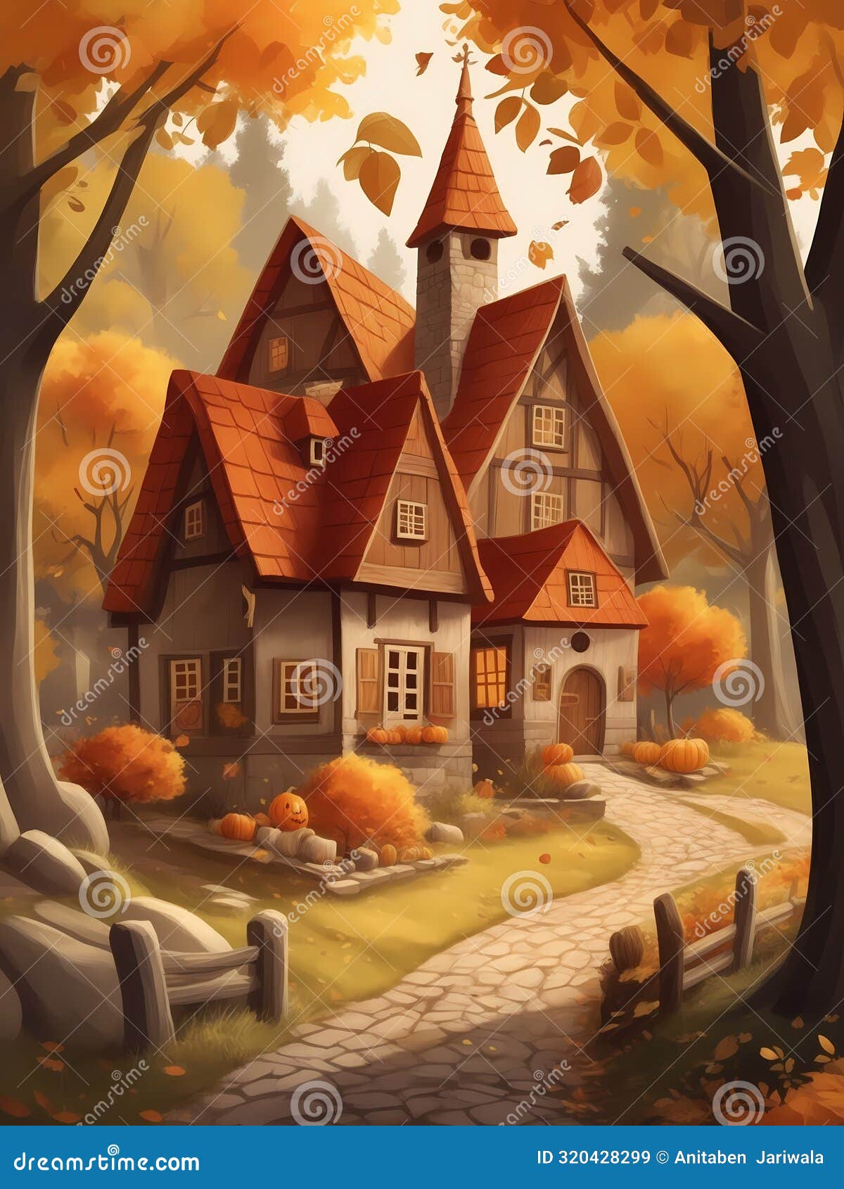 Cozy Autumn Cottage with Pumpkins and Fall Foliage Ai Generated Stock ...
