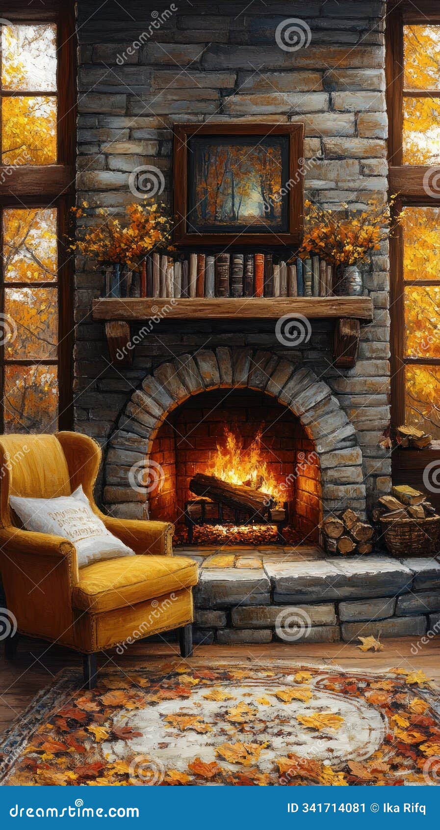 Cozy Autumn Fireplace Illustration Stock Illustration - Illustration of ...