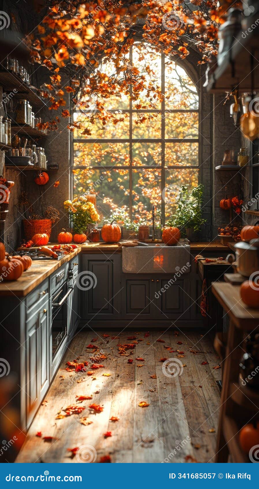 Cozy Autumn Kitchen Interior with Window and Fall Leaves Illustration ...