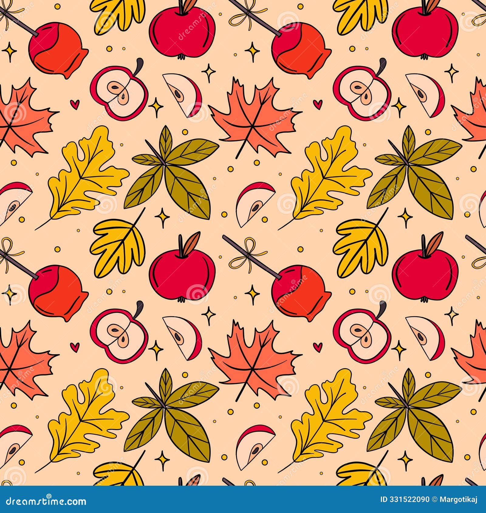 Cozy Autumn Seamless Pattern with Leaves, Apples, and Candy Apples ...