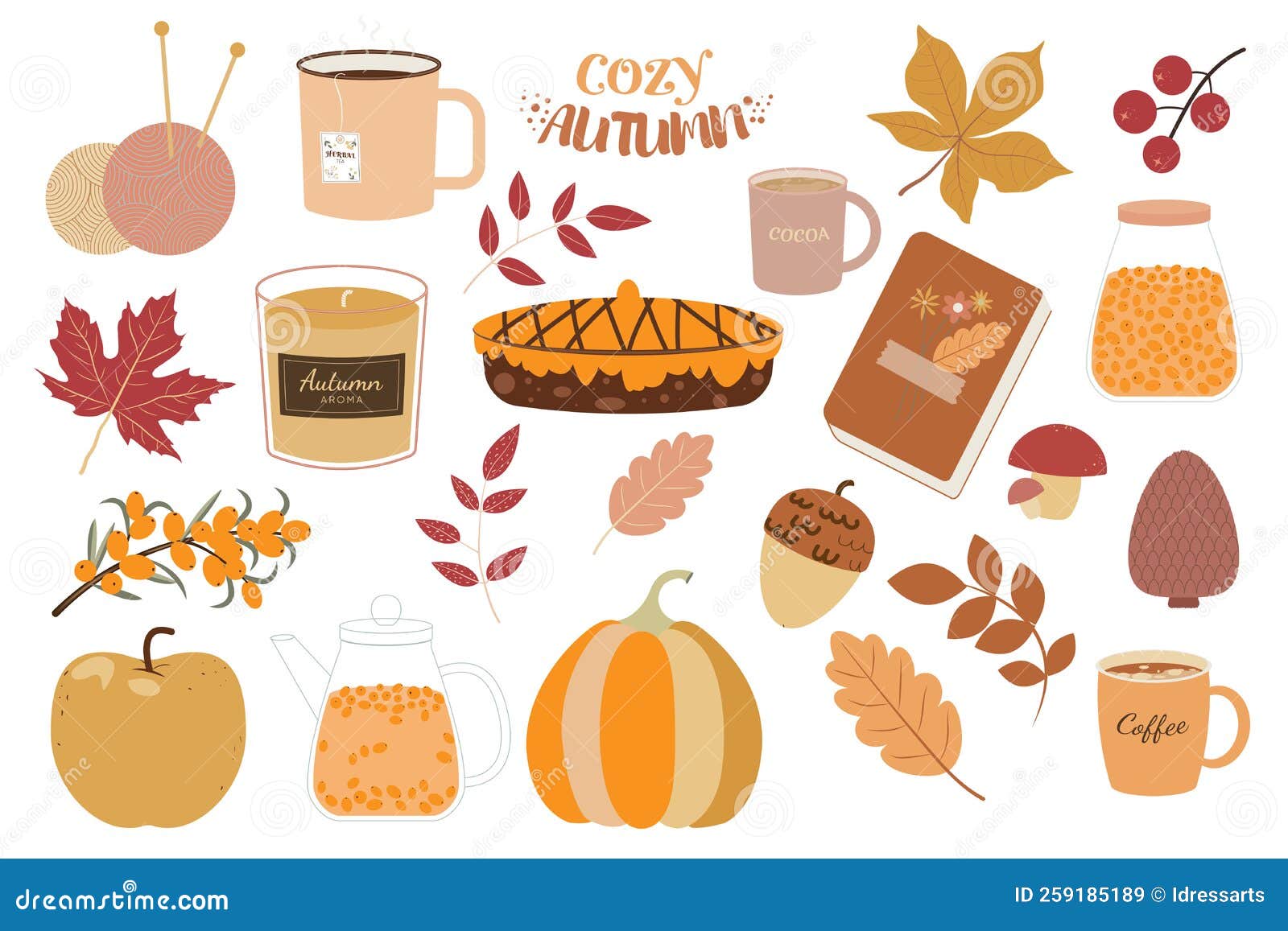 Cozy autumn set stock vector. Illustration of foliage - 259185189