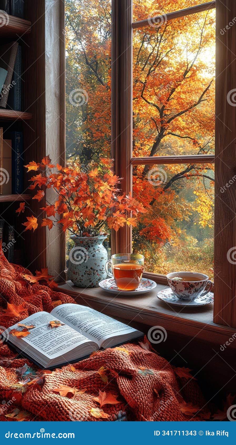Cozy Autumn Window with Book, Tea, and Fall Foliage Illustration Stock ...