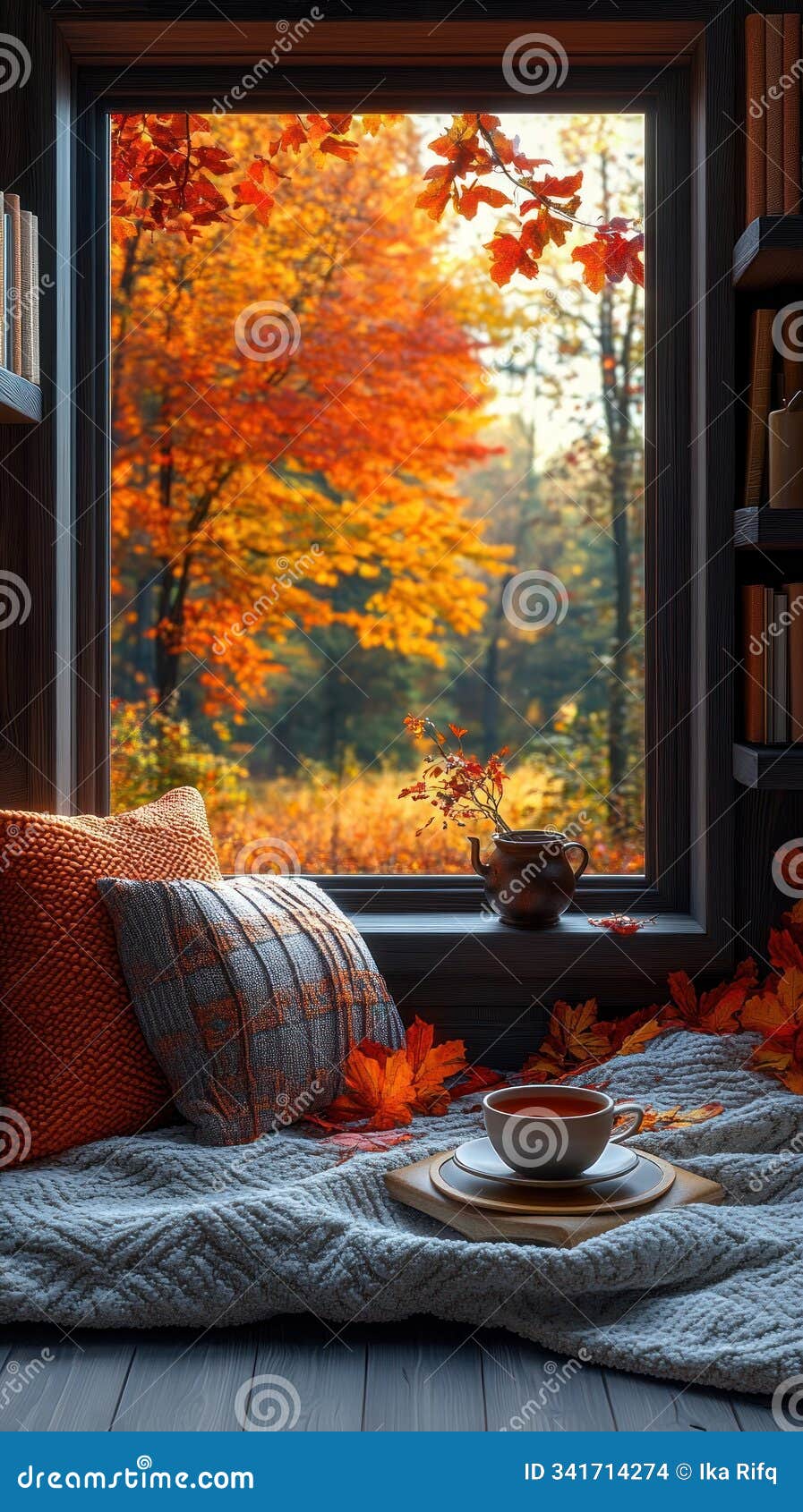 Cozy Autumn Window Scene with Tea and Blanket - 3D Illustration Stock ...