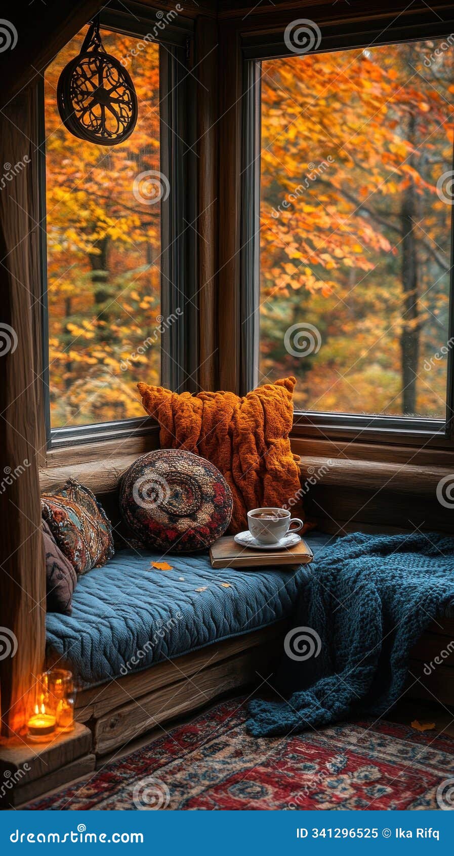 Cozy Autumn Window Seat with Fall Foliage View Stock Illustration ...