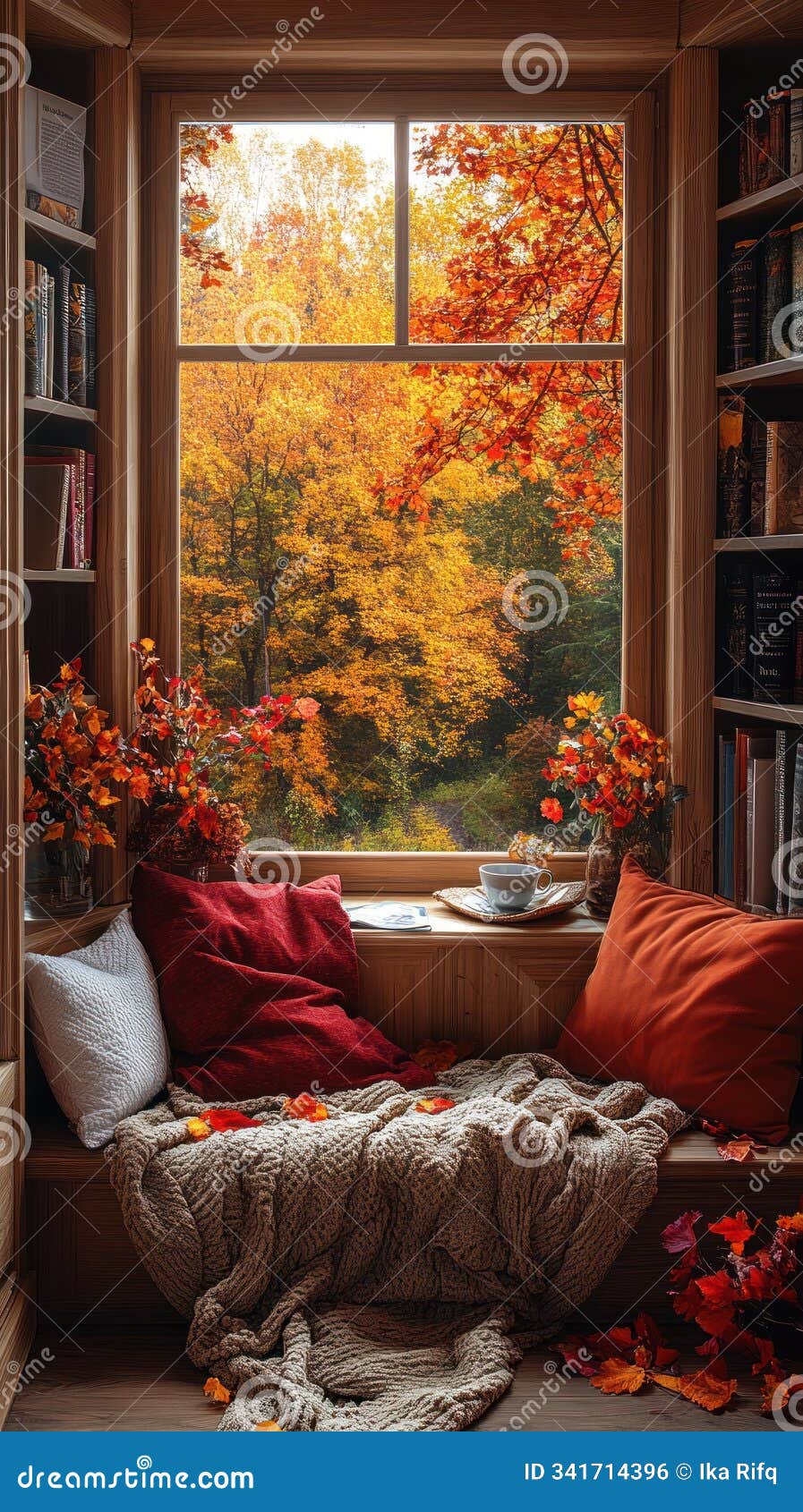 Cozy Autumn Window Seat with Fall Foliage View - Illustration Stock ...