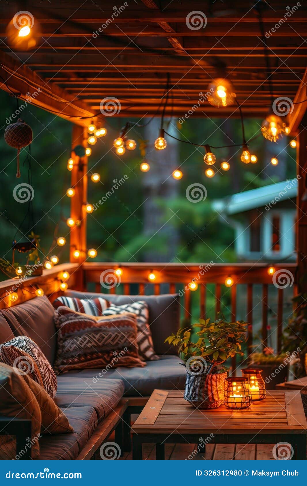 Cozy Backyard Deck with String Lights in the Evening, Perfect for ...
