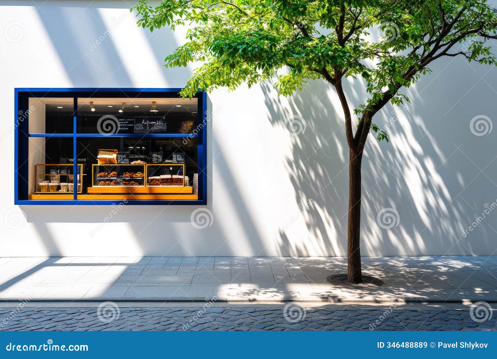 A Cozy Bakery with a Bright Window Display and a Tree Casting Shadows ...