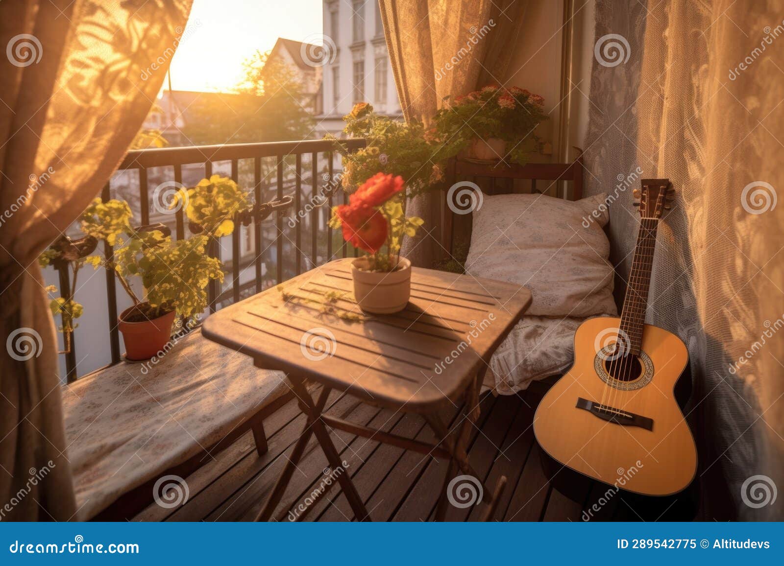 Cozy Balcony with a Guitar and Sheet Music on the Table Stock Image ...