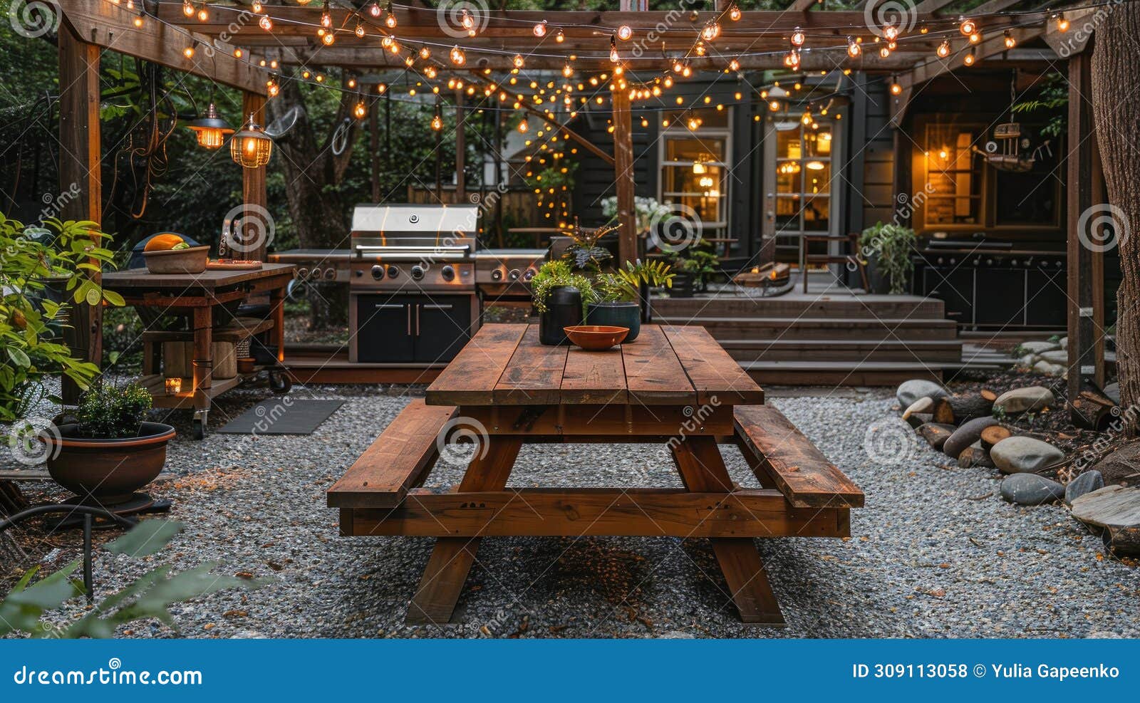 A Cozy Barbecue Setup with a Rustic Grill, Wooden Picnic Table Stock ...