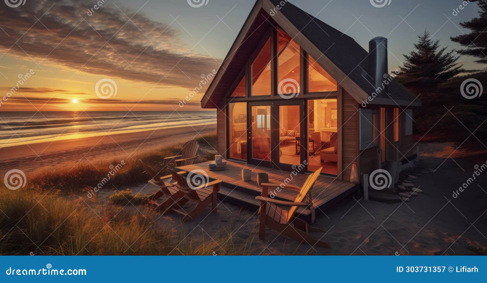 A Cozy Beach Cabin Against the Stunning Backdrop of a Sunset Sky Stock ...