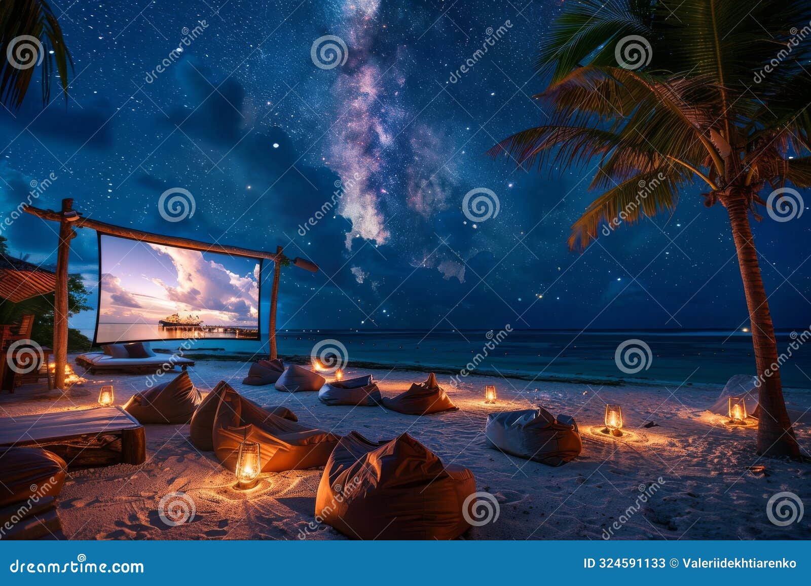 A Cozy Beach Cinema Setup with Bean Bags and a Projector Screen Under a ...