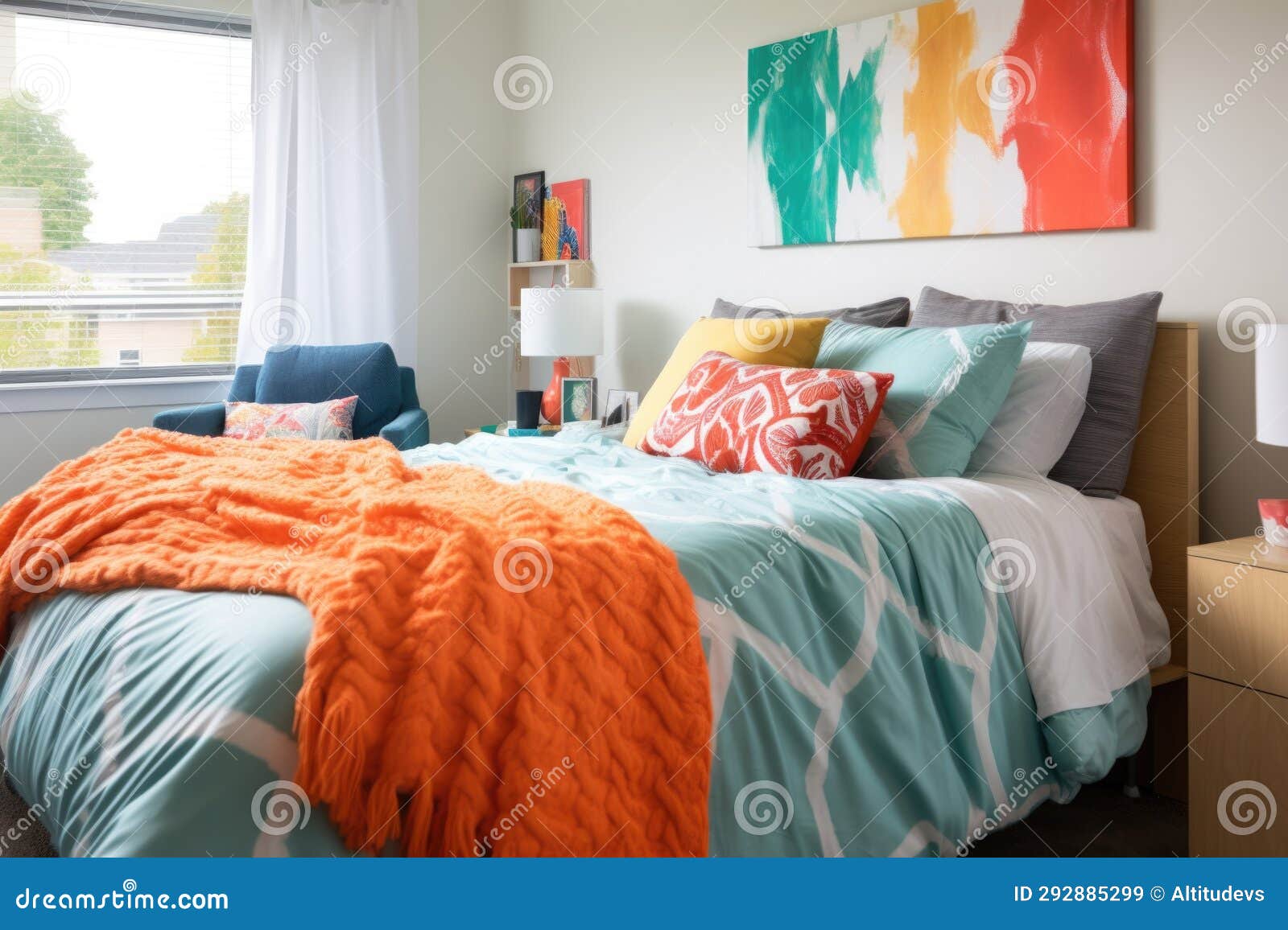 Cozy Bed with Bright Color Bedding in Student Housing Stock Image ...