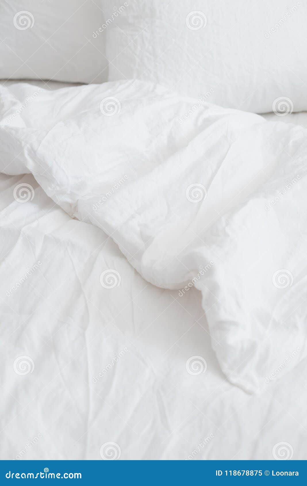 Cozy Bed with Crumpled White Linen Stock Image - Image of textile ...