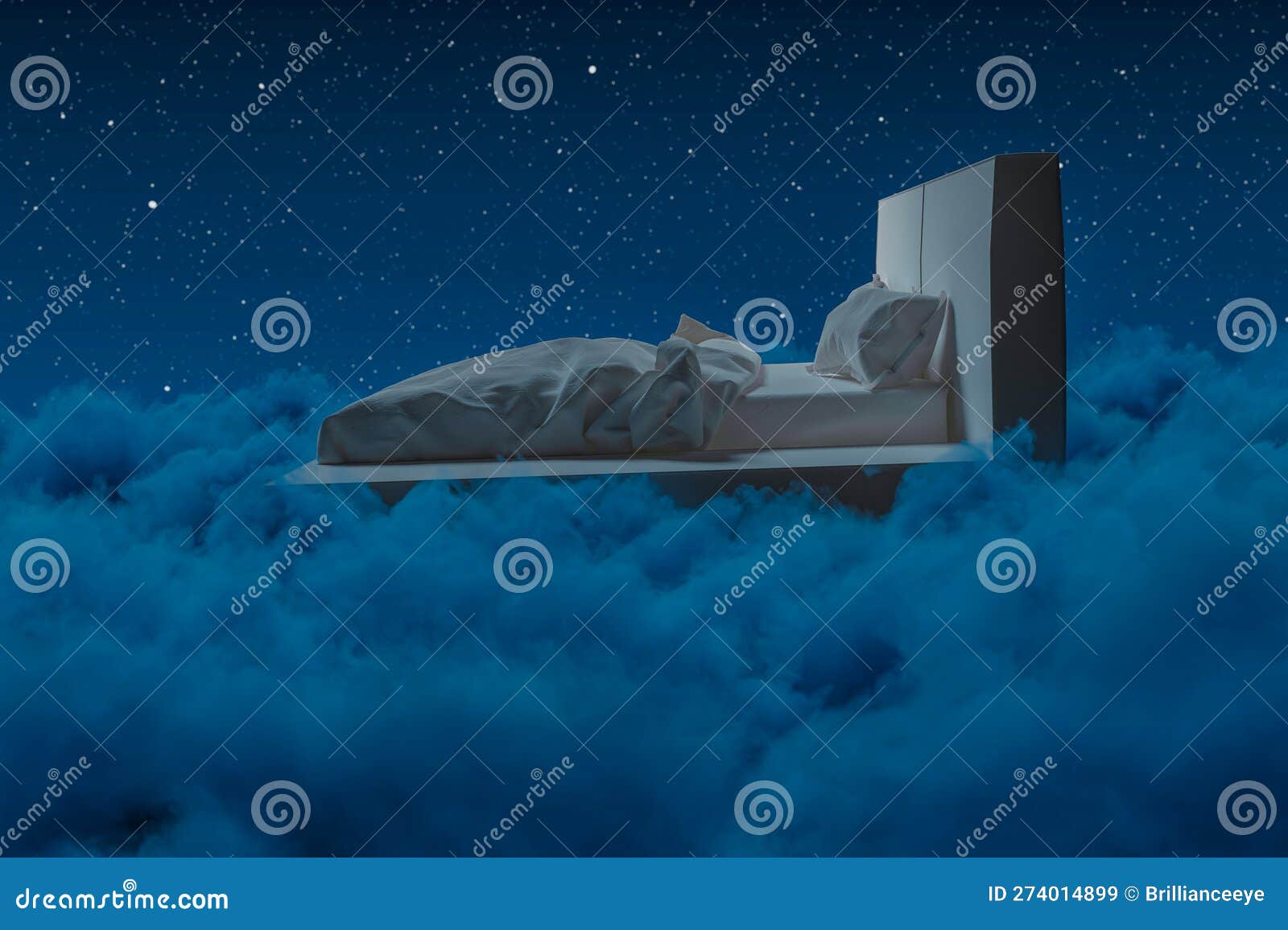 Cozy Bed Over Fluffy Clouds at Night Stock Illustration - Illustration ...