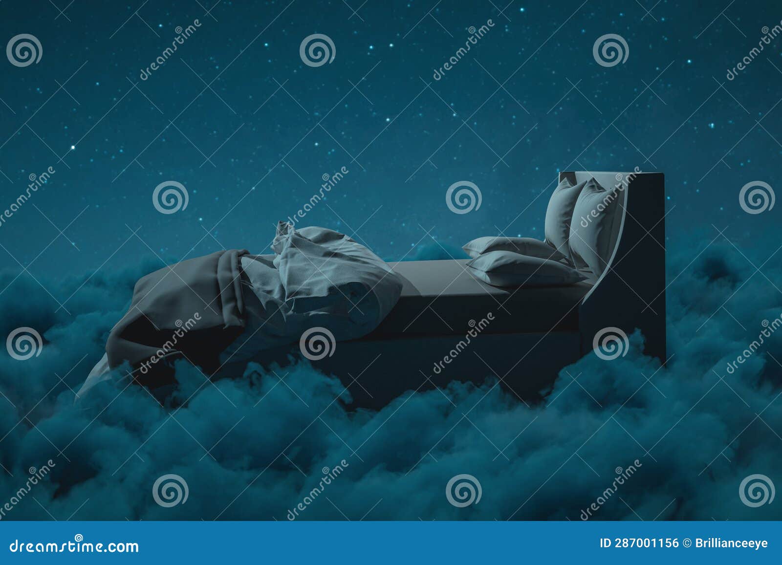 Cozy Bed Over Fluffy Clouds at Night Stock Illustration - Illustration ...