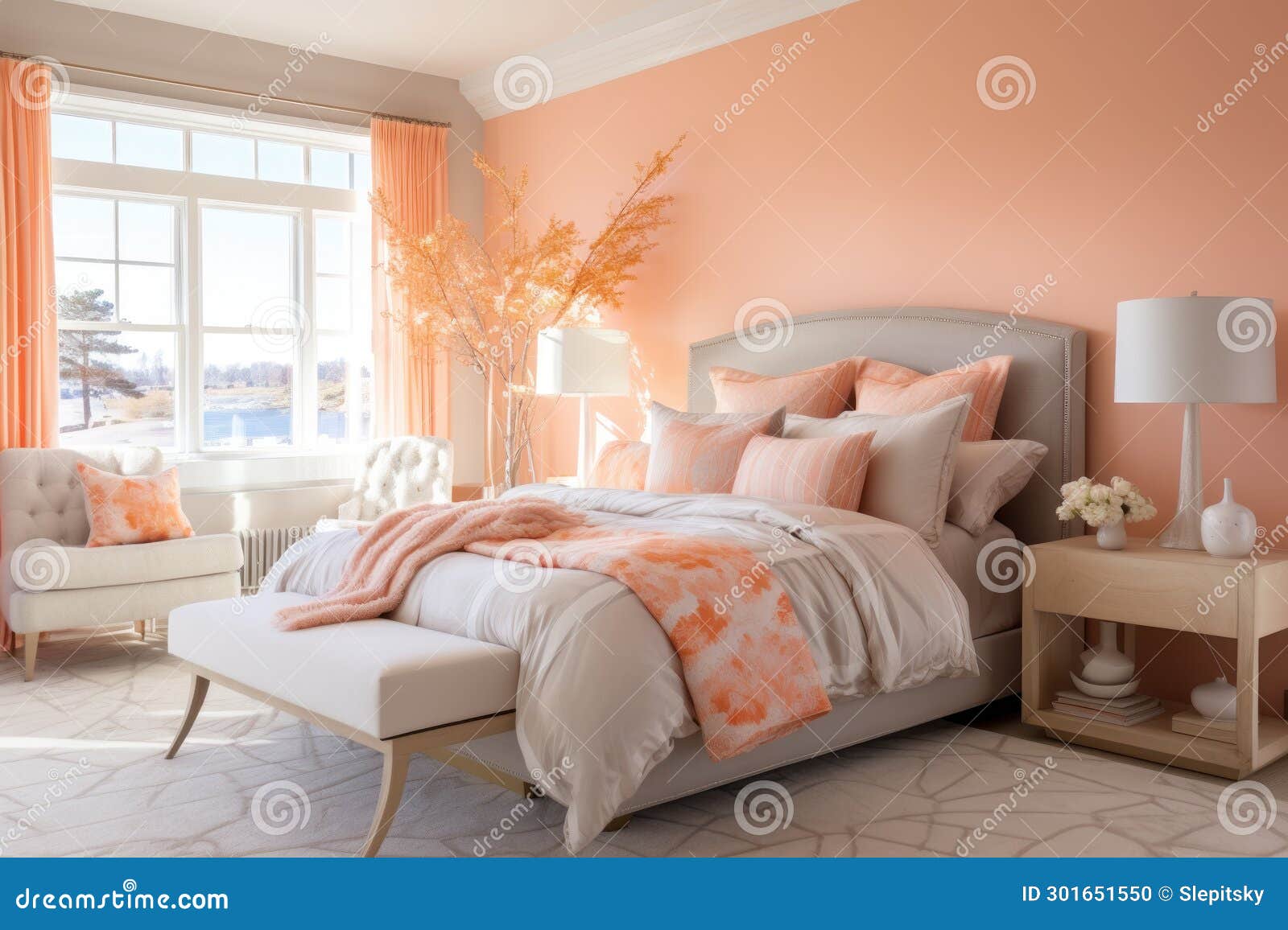 Cozy Bedroom Design with Soft Peach Colors Stock Photo - Image of peach ...