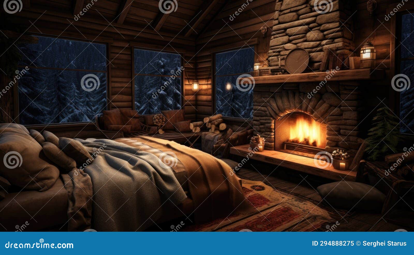 A Cozy Bedroom with a Fireplace and a Bed, AI Stock Image - Image of ...