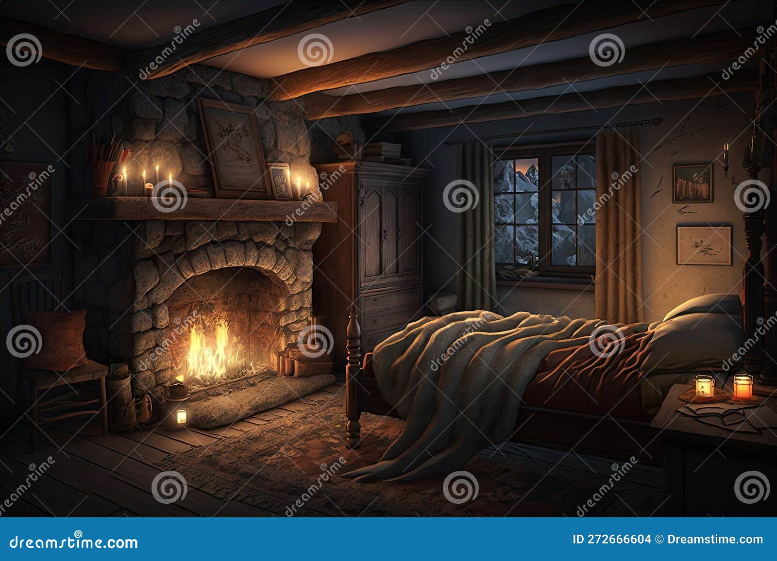 A Cozy Bedroom, with a Fireplace and Flickering Flames, on a Chilly ...
