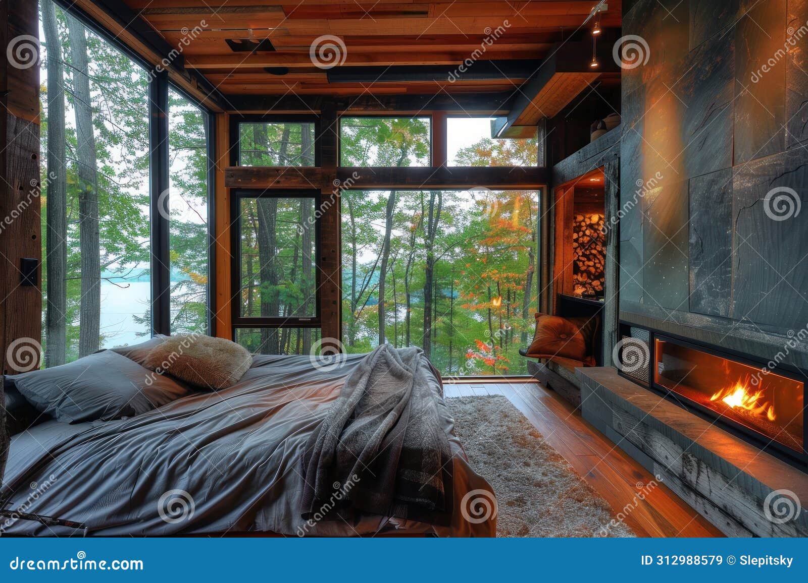 Cozy Bedroom with Forest View and Fireplace Stock Image - Image of cozy ...