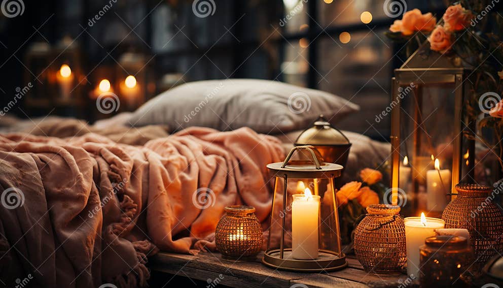 Cozy Bedroom Illuminated by Candlelight, Creating a Tranquil Scene ...