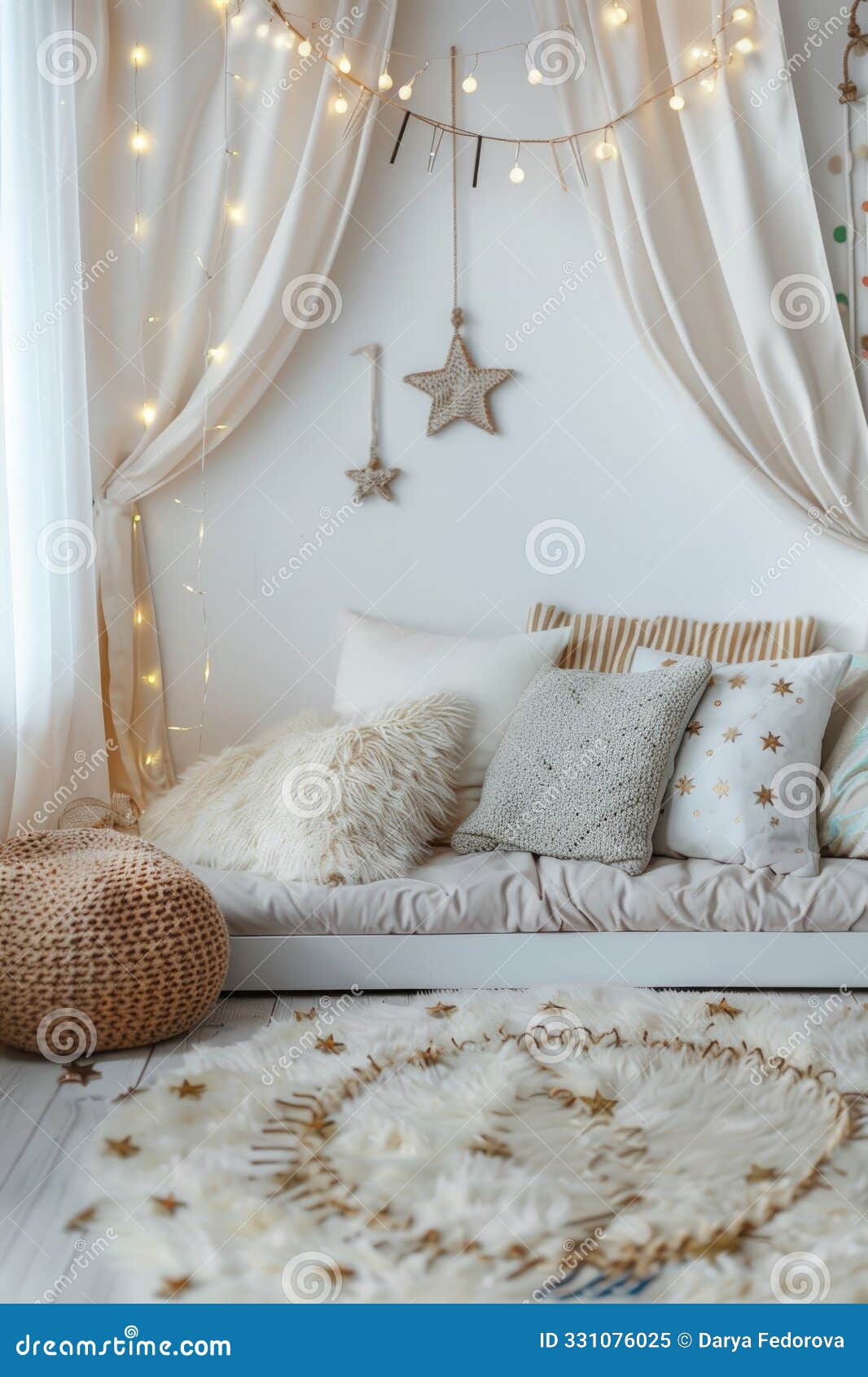 Cozy Boho Bedroom with String Lights and Star Decor Stock Image - Image ...