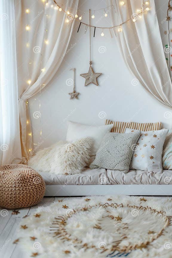 Cozy Boho Bedroom with String Lights and Star Decor Stock Image - Image ...