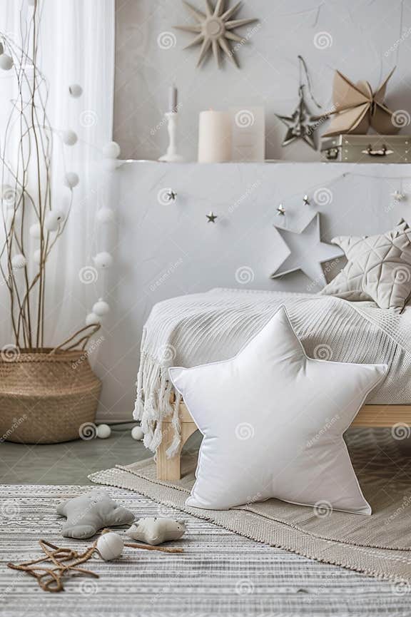 Cozy Boho Bedroom with String Lights and Star Decor Stock Photo - Image ...