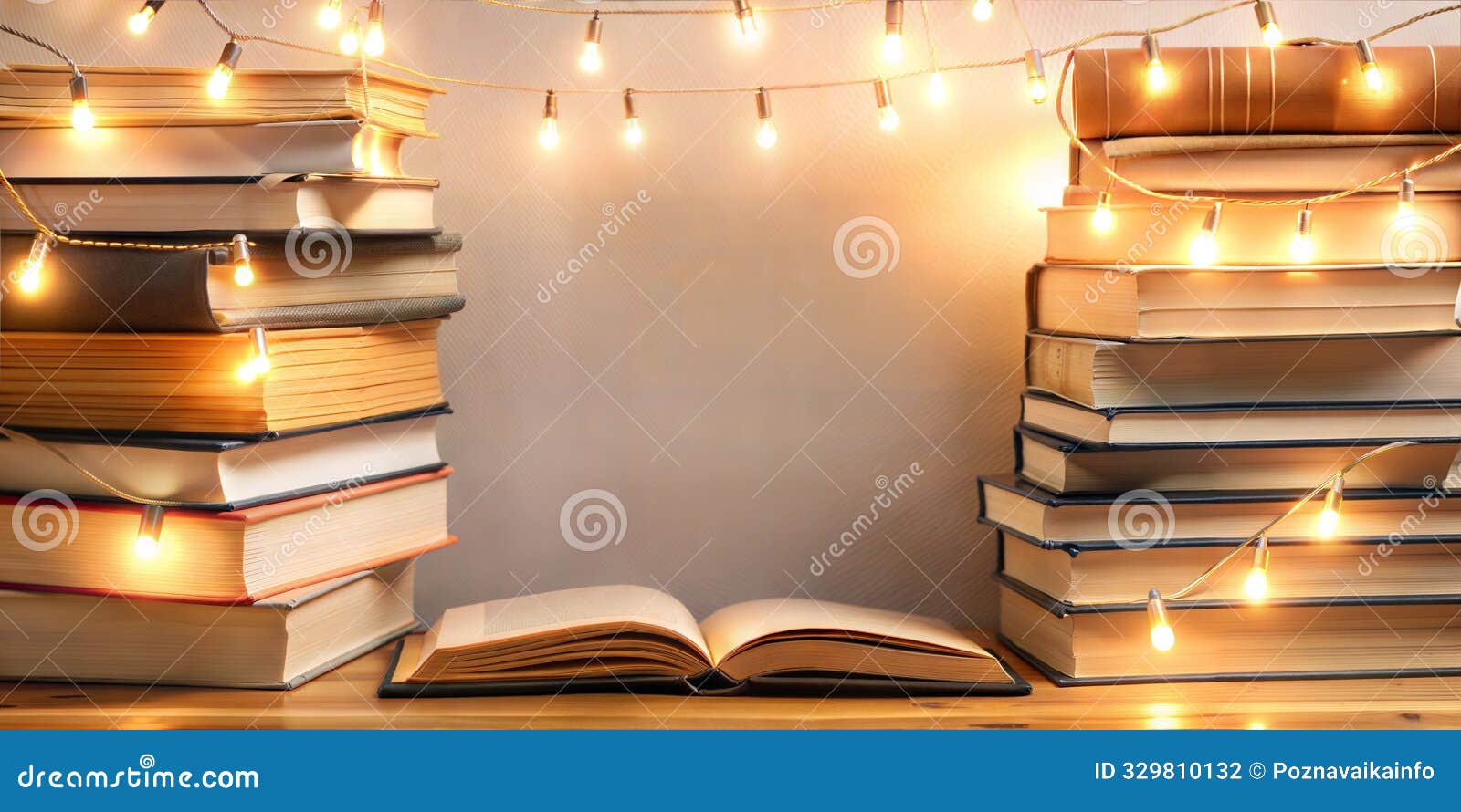 Cozy Book Fair Banner with Stacks of Books Stock Photo - Image of ...