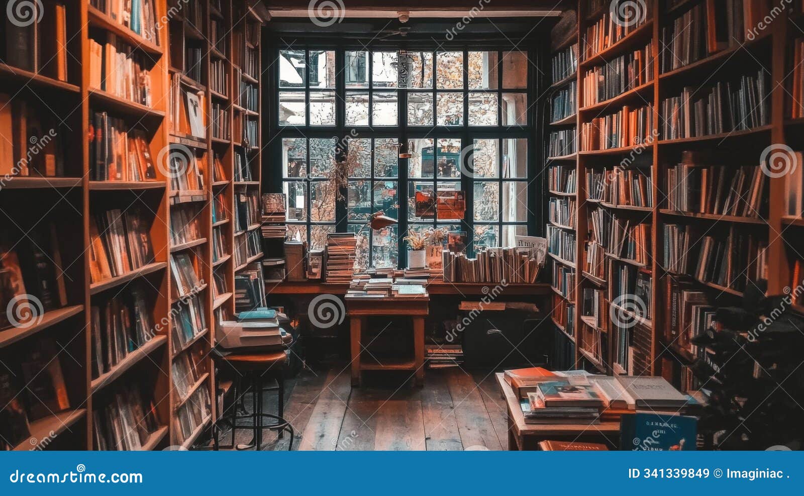 A Cozy Bookstore Interior with Bookshelves and a Window View Stock ...