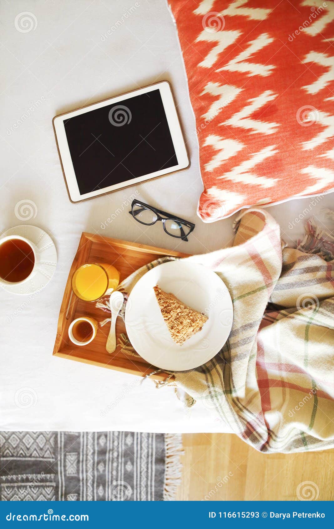 Cozy Breakfast in Bed with Tea Stock Image - Image of eating, notebook ...