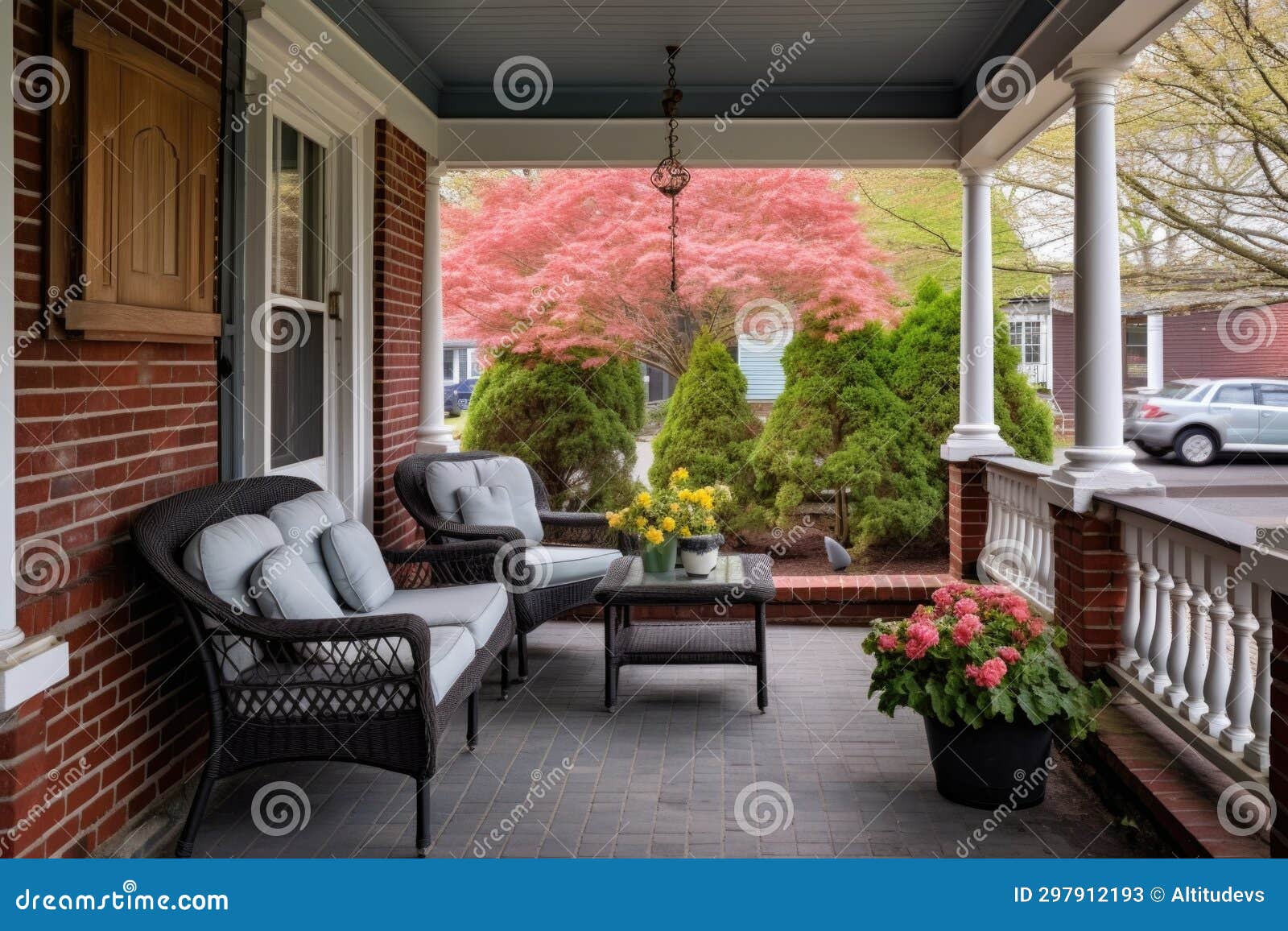 Cozy Brick Porch on Colonial House Stock Image - Image of generated ...