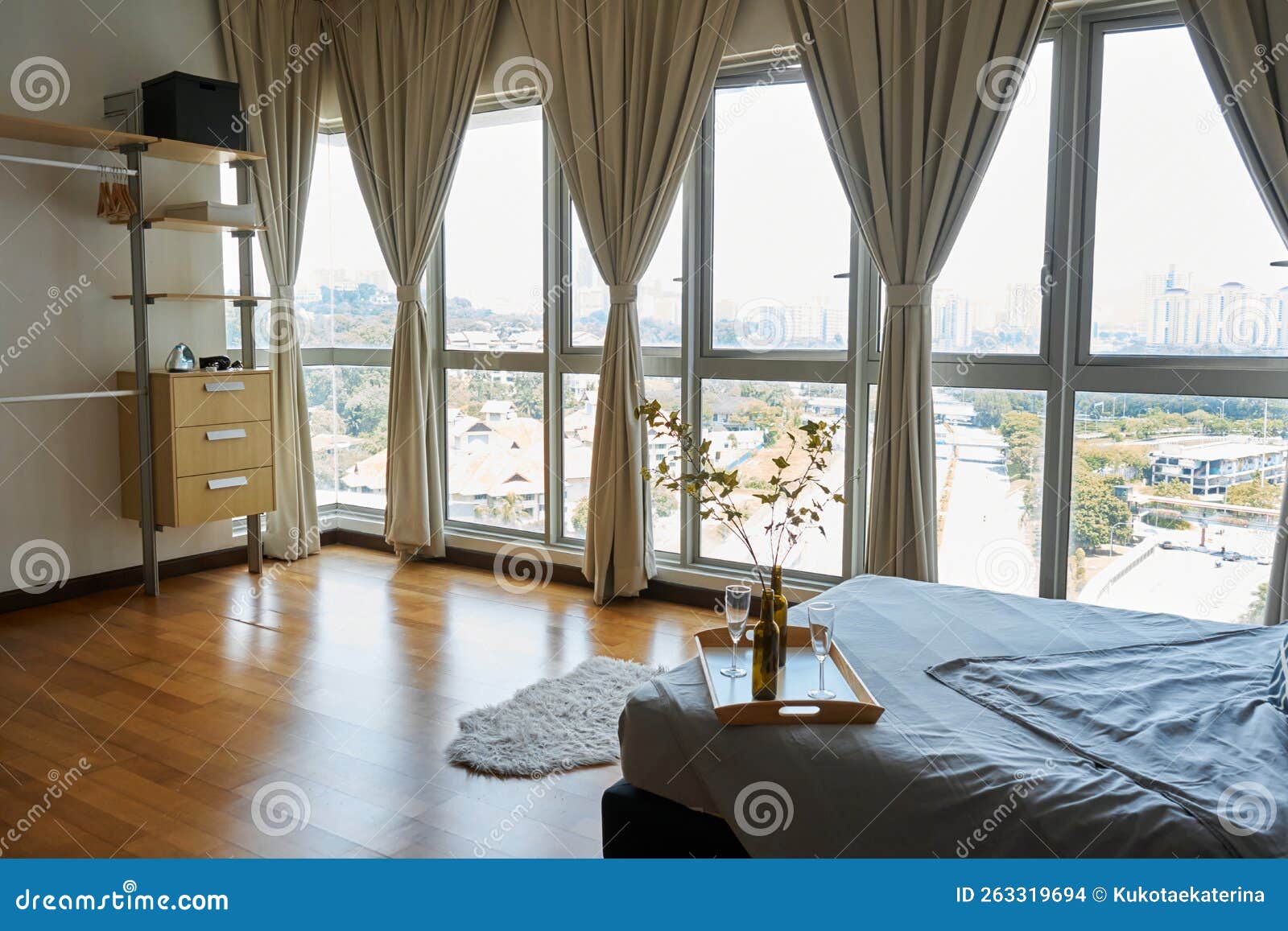 Cozy Bright Studio Room Interior with Huge Panoramic Windows Stock ...