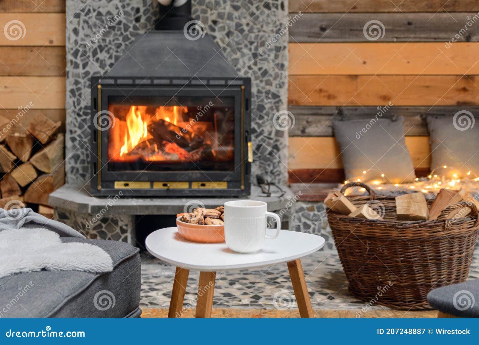 Cozy Cabin Interior with a Burning Fireplace Stock Image - Image of ...
