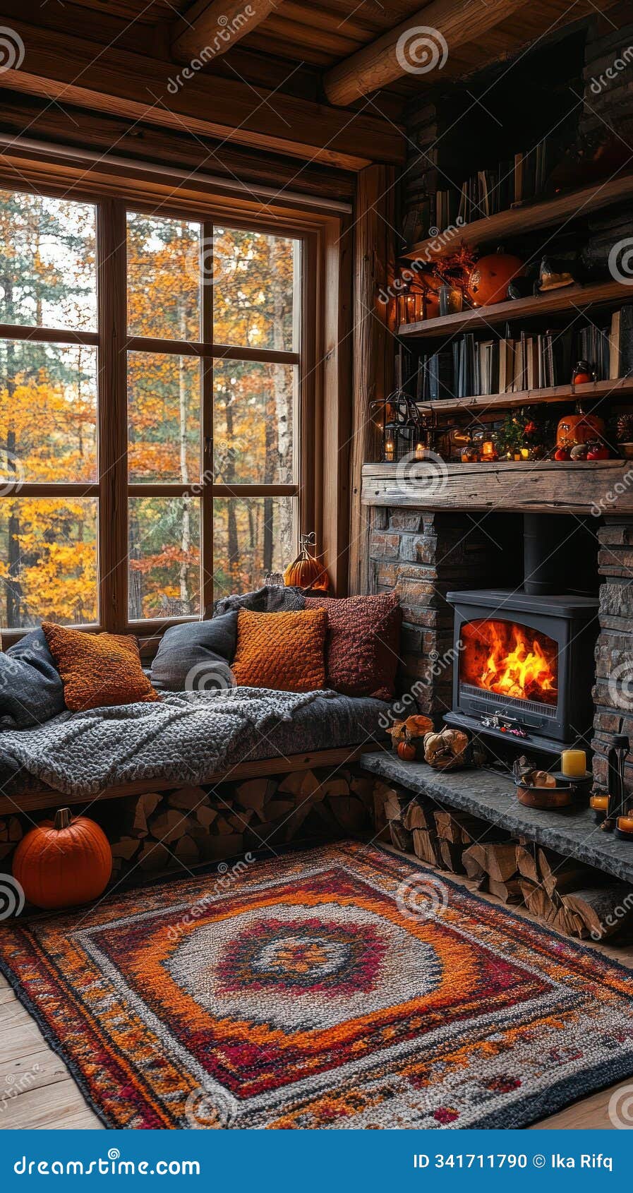 Cozy Cabin Interior with Fireplace and Autumn View - Realistic Image ...
