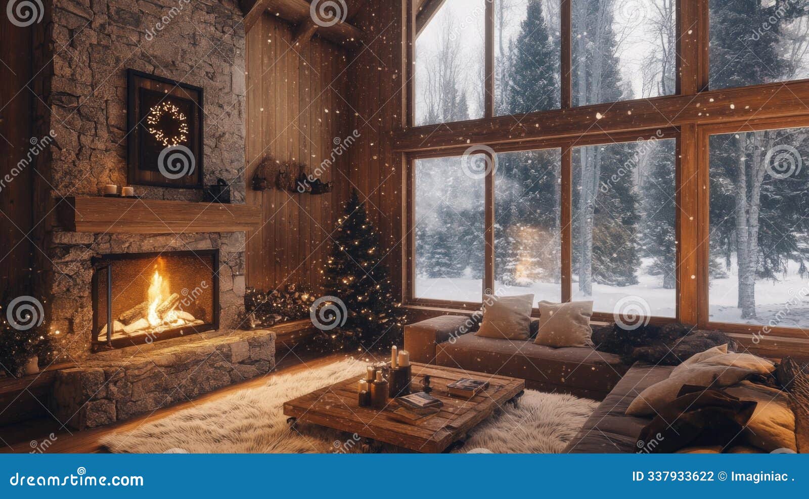 Cozy Cabin Interior with Fireplace, Christmas Tree, and Snowy Window ...